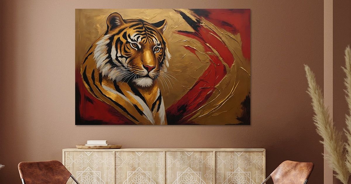 Gouden Tijger Moderne Kunst op Rood van Art & Soul Creations op canvas, behang en meer